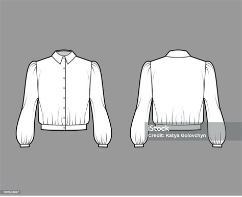 Blouson 블라우스 테크니컬 패션 일러스트와 풍성한 긴소매 클래식 셔츠 넥 오버사이즈 버튼 업 플랫 0명에 대한 스톡 벡터