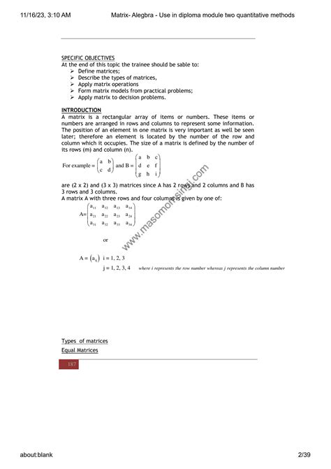 Solution Matrix Alegbra Use In Diploma Module Two Quantitative Methods