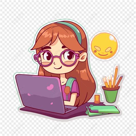 Menina Dos Desenhos Animados Sentado Em Um Laptop Com Seus Fones De