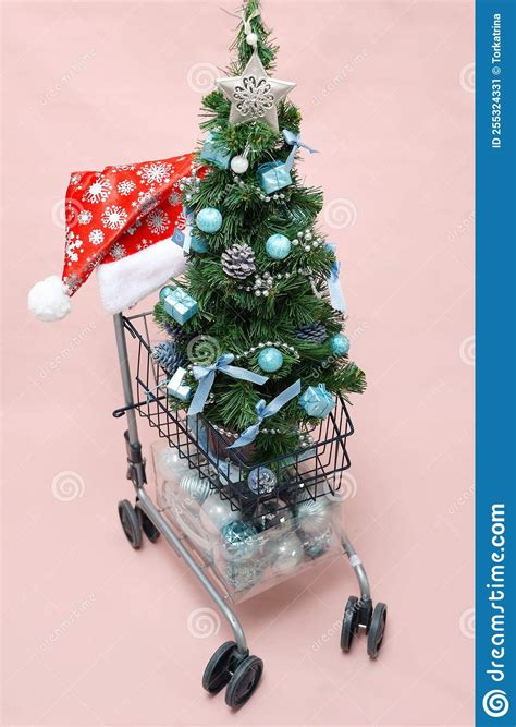 Christmas Mini Tree With Blue Balls In Shopping Cartsnew Year Shopping