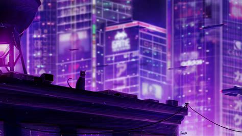 Cat Roof City Future Neon Backlight 4k Hd Wallpaper