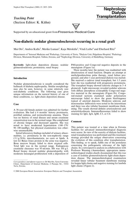 Pdf Non Diabetic Nodular Glomerulosclerosis Recurring In A Renal Graft