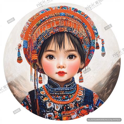 Ai创作图少数民族壮族人物头像 手绘瑶族女孩 Q版苗族女孩 Q版毛南族女孩 Q版壮族女孩 苗族女孩插画 Q版仫佬族女孩 无框画少数民族女孩