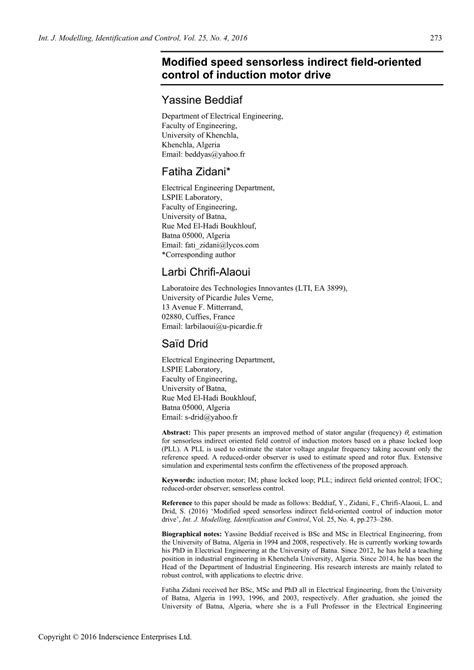 Pdf Modified Speed Sensorless Indirect Field Oriented Of Induction