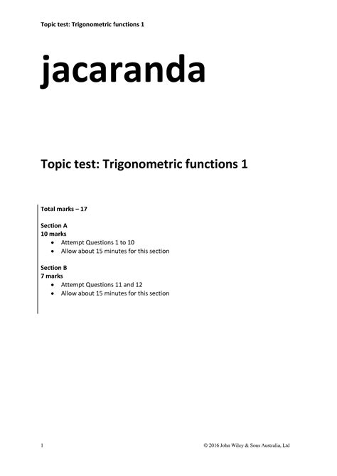 Topic 9 Test Trigonometric Functions 1 Jacaranda Topic Test