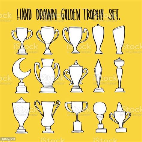 손으로 그린된 황금 트로피 컵 컬렉션 집합 벡터 일러스트 레이 션 Championship에 대한 스톡 벡터 아트 및 기타 이미지 Championship 경쟁 골
