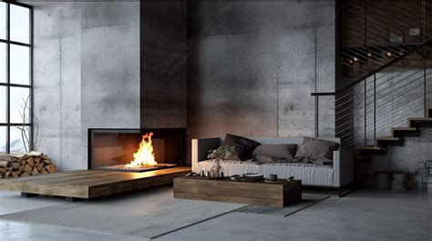 Kontemporaryong Fireplace Na Istilong Loft Na May Mga Kongkretong
