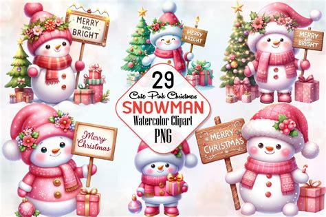Cute Pink Christmas Snowman Clipart Png Graphic By Robertsart