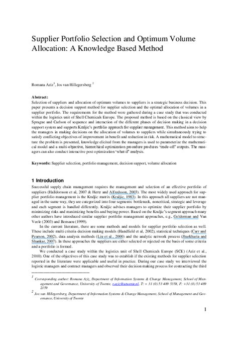 Pdf Supplier Portfolio Selection And Optimum Volume Allocation A Knowledge Based Method