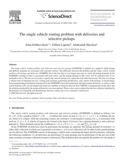 Pdf The Single Vehicle Routing Problem With Deliveries And Selective Pickups