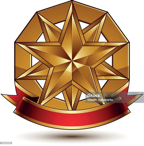 복잡 한 벡터 다각형 장식 스타와 붉은 매력적인 리본 골든 디자인 요소입니다 3d 고급 메달 흰색 배경에 고립입니다 세련 된