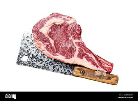 Dry Aged Tomahawk Rib Eye Steak Raw Beef Meat On Butcher Table
