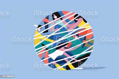 마스크를 쓰고 있는 사람들의 개념적 일러스트는 구처럼 밧줄과 함께 묶여 있다 코비드 19 전염병 시의 사회 생활의 개념 정신