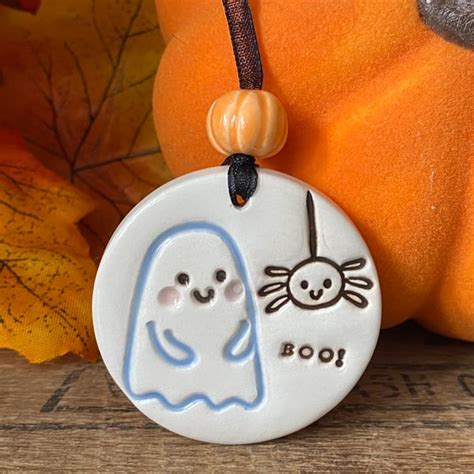 Ceramic Cute Ghost Decoration With Pumpkin Bead Folksy