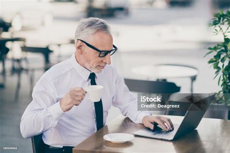 낙관적 인 회색 머리 노인 음료 차 쓰기 노트북 착용 안경 흰색 셔츠 야외 작업 센터 근처의 프로필 사진 경영자에 대한 스톡