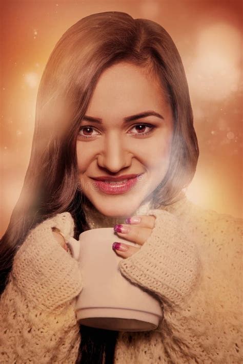 Pretty Brunette With Cup Of Tea Looking At Camera Stock Image Image Of Hairstyle People 46430375