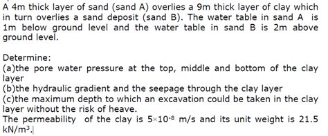 Solved A 4m Thick Layer Of Sand Sand A Overlies A 9m Thick