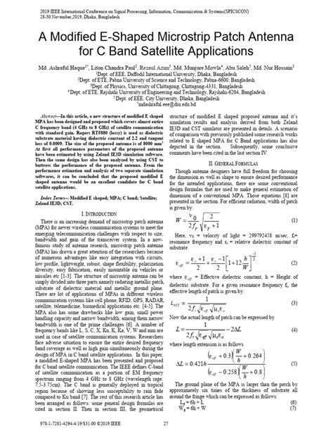 A Modified E Shaped Microstrip Patch Antenna For C Band Satellite Applications Pdf Antenna
