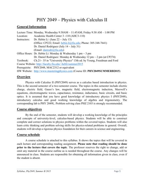 Phy 2049 Physics Ii Syllabus Fiu Summer 2015