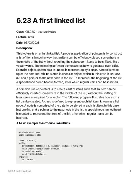 623 A First Linked List 6 A First Linked List Class Cis22c