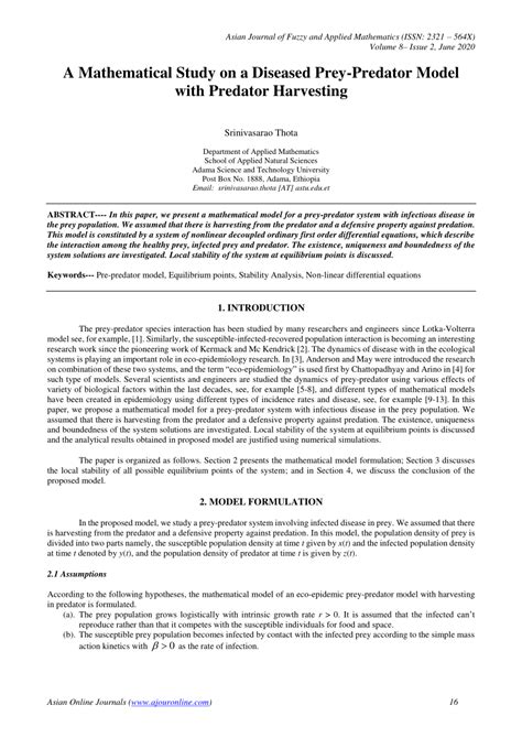 Pdf A Mathematical Study On A Diseased Prey Predator Model With