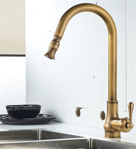 Antique Vintage Look Brushed Brass Kitchen Faucet With Pull Out And 360 Degree Swivel