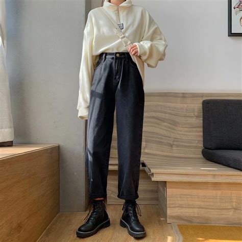 《簡單輕便》加絨加厚牛仔褲女秋冬新款高腰顯瘦寬鬆復古梨形身材哈倫老爹褲潮ol通勤清新脫俗女裝 露天市集 全台最大的網路購物市集