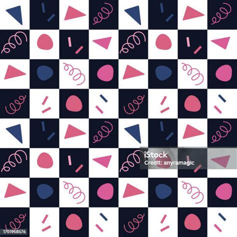 8090년대 체스판 이음매 없는 패턴 기하학 그림이 있는 반복 가능한 패턴 삼각형 원형 나선형 1980 1989 년에 대한 스톡
