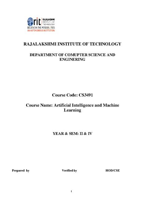 Aiml Unit I Rajalakshmi Institute Of Technology Department Of