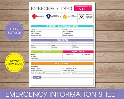 Emergency Information Sheet Editable And Fillable Emergency Info Sheet