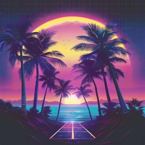 Palm Trees Are In The Sunset With A Path Leading To The Ocean Premium