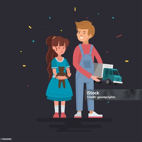 선물을 가진 아이 들 벡터 문자 그림을 제공 합니다 딸과 아들은 장난감을 잡고 있습니다 가족 캐주얼 육아 개념입니다 가족에 대한 스톡 벡터 아트 및 기타 이미지 Istock
