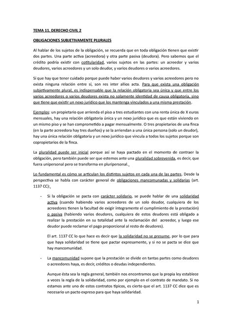 Tema Civil II Apuntes TEMA DERECHO CIVIL OBLIGACIONES SUBJETIVAMENTE PLURALES Al