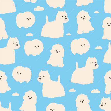 青い背景に雲とかわいいシームレスパターン白い犬 プレミアムベクター