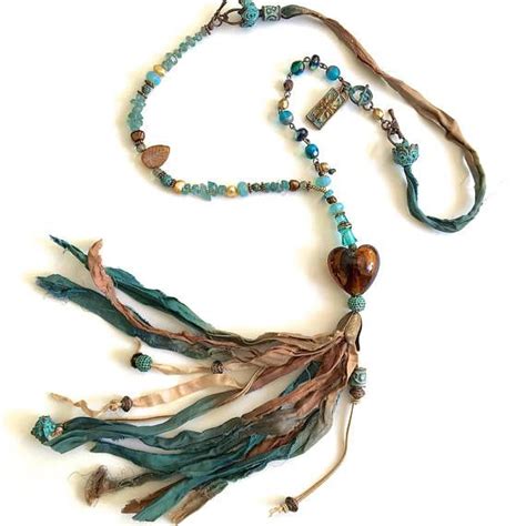 Handmade Tealbrown Sarisilk Boho Tassel Necklace Wfreshwater Nel 2024