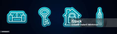 세트 라인 소파 집 열쇠 보호 아래 및 스카이 스크래퍼 빛나는 네온 아이콘입니다 벡터 가구에 대한 스톡 벡터 아트 및 기타