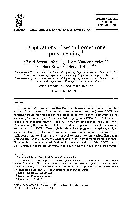 Pdf Applications Of Second Order Cone Programming