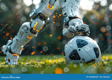 Robot Plays Football And Kicks The Soccer Ball Robotic Bionic Robot