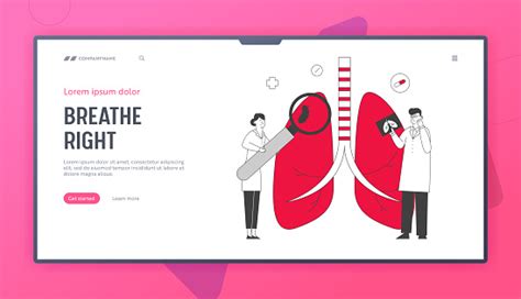 호흡기 의학 의료 및 폐학 웹 사이트 방문 페이지 의사는 돋보기로 인간의 폐를 확인 엑스레이를 확인 해부학 웹 페이지 배너 만화 플랫 벡터 일러스트 라인 아트 개념에 대한