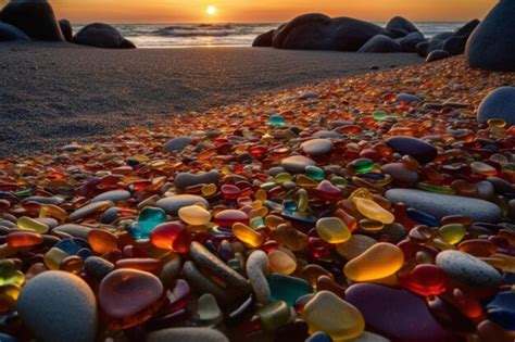 Premium Ai Image A Beach With Many Colorful Glass Pebbles And The Sun