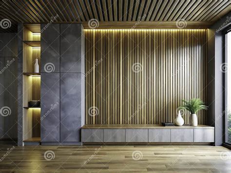 Modern Minimalist Interior Design Empty Gray Slat Wall Room Featuring A