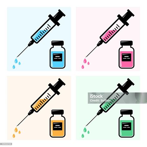 의학의 튜브 화려한 백신 주사에 대 한 아이콘 주사기의 설정 벡터 일러스트 레이 션 0명에 대한 스톡 벡터 아트 및 기타 이미지 0명 건강관리와 의술 과학 Istock