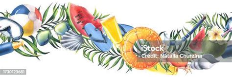 해변 여름 야자수 잎 다이빙 마스크 과일 풍선 장난감이 있는 열대 휴가 수채화 그림 손으로 그린 흰색 배경에 매끄러운 테두리 게에 대한 스톡 벡터 아트 및 기타 이미지