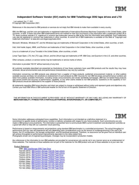 Independent Software Vendor Matrix Isv For Ibm Totalstorage 3592 And