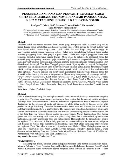 Pengendalian Hama Dan Penyakit Tanaman Cabai Serta Nilai Ambang Ekonomi Di Nagari Paninggahan