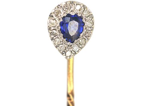 Edwardian 15ct Gold And Platinum Heart Shaped Sapphire And Diamond Tie Pin