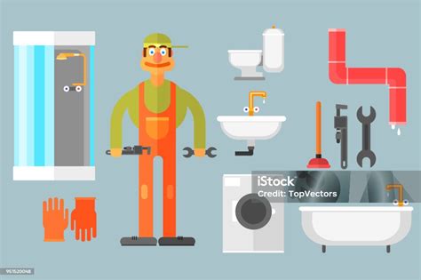 평면 벡터 배관공 수리 및 위생 공학 도구 세트입니다 작업자 화장실 싱크대 욕조 샤워 세탁기 장갑 파이프 플런저 렌치 날씨에 대한 스톡 벡터 아트 및 기타 이미지 Istock