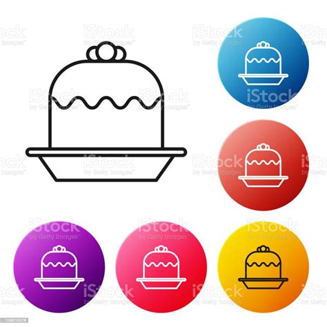 흰색 배경에 격리 된 검은 선 케이크 아이콘입니다 생일 축하해요 아이콘 다채로운 원 버튼을 설정합니다 벡터 일러스트레이션