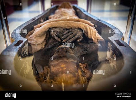 Unmasked Mummy With Hands Crossed At Egyptian Museum Cairo Egypt