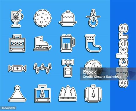 세트 라인 크리스마스 스웨터 쿠키 또는 비스킷 초콜릿 스타킹 케이크 피겨 스케이트 종이 쇼핑백 Mulled 와인 잔 음료 및 핫 컵 마시멜로 아이콘 벡터 겨울에 대한 스톡